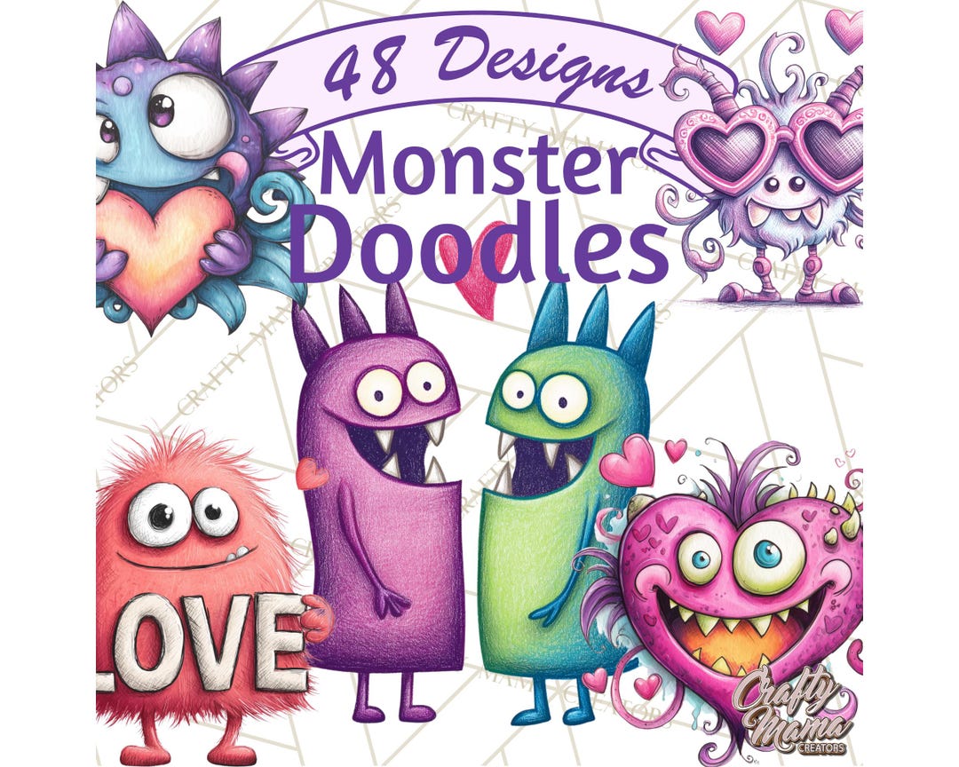 48 Png, Cute Valentine Monster Doodle Clipart PNG, Adorable Love ...