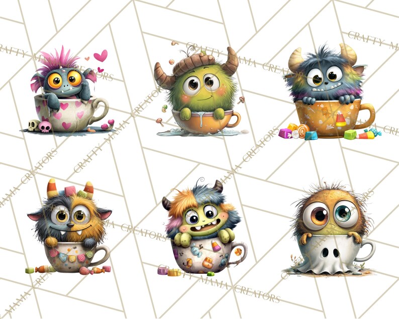 48 Png, Halloween Monster Clipart PNG, Cute Teacup Monsters, Spooky ...