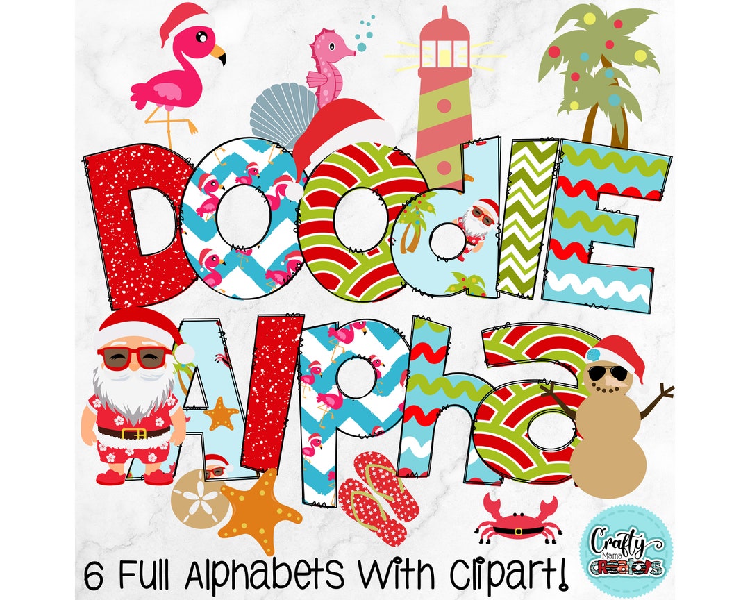 Beach Christmas Doodle Letters PNG Files, Summer Christmas Doodle Alpha ...