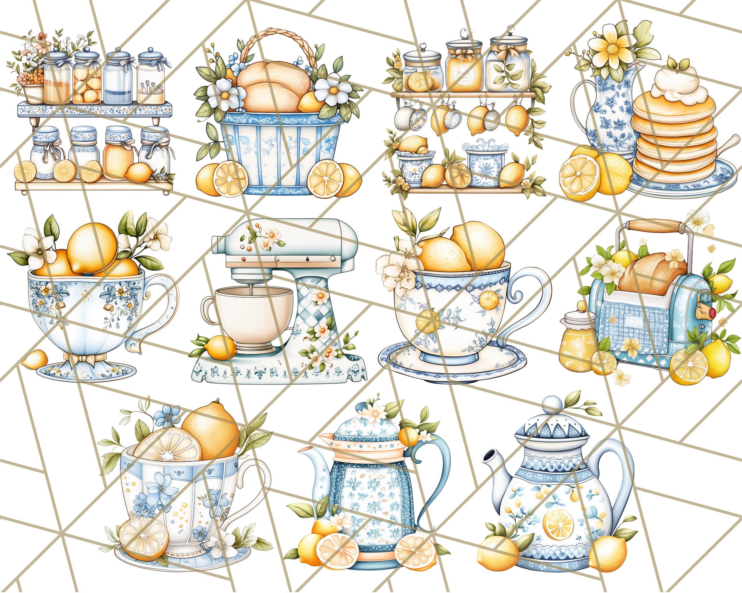 Mediterranean Cottagecore Kitchen Clipart, Blue White Lemon Kitchen ...