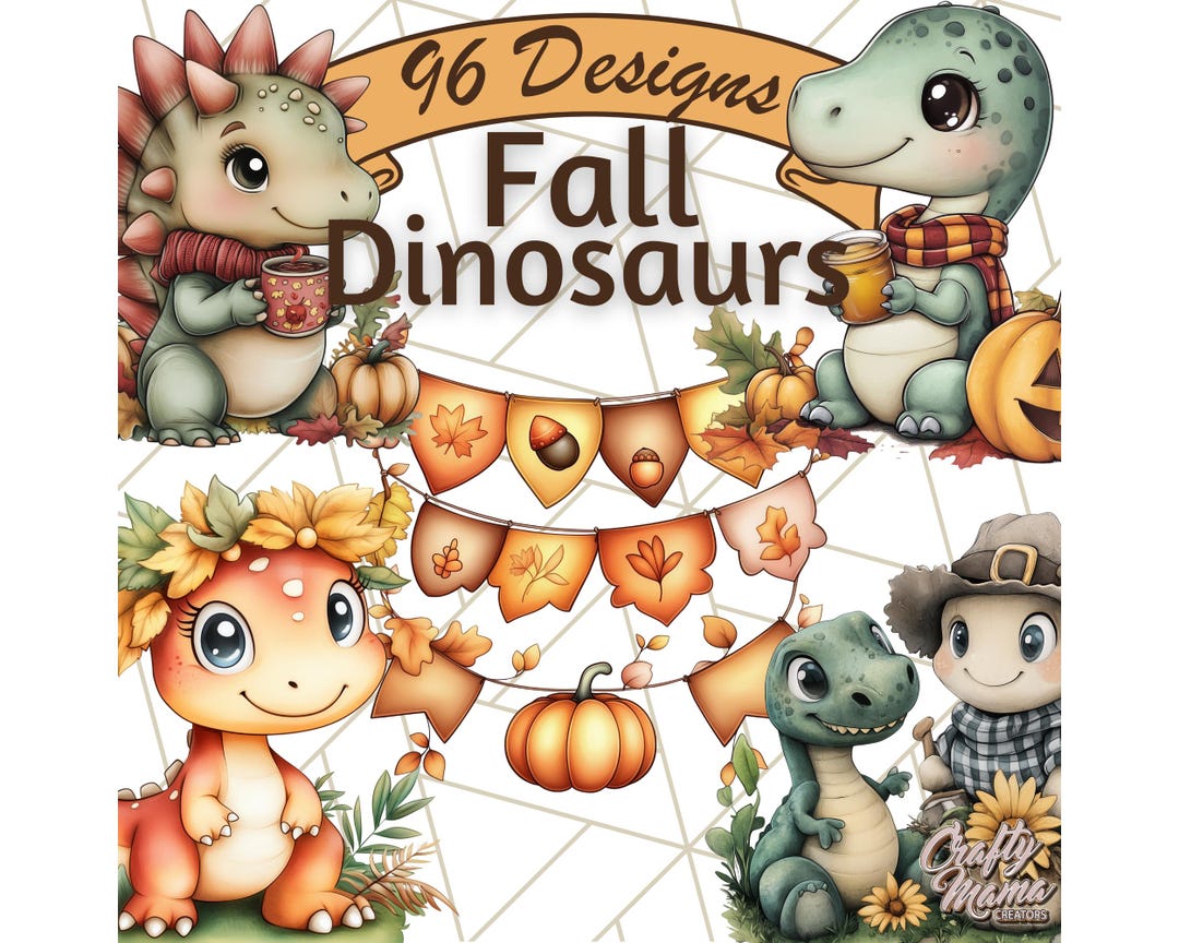 Fall Dinosaur Clipart PNG, Cute Autumn Dinosaurs and Fall Elements Clip ...