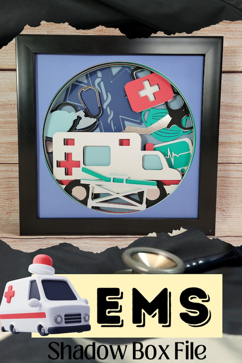 3D EMS Svg Shadow Box, Paramedic Svg Stethoscope Shadowbox Svg, EMT 3D ...
