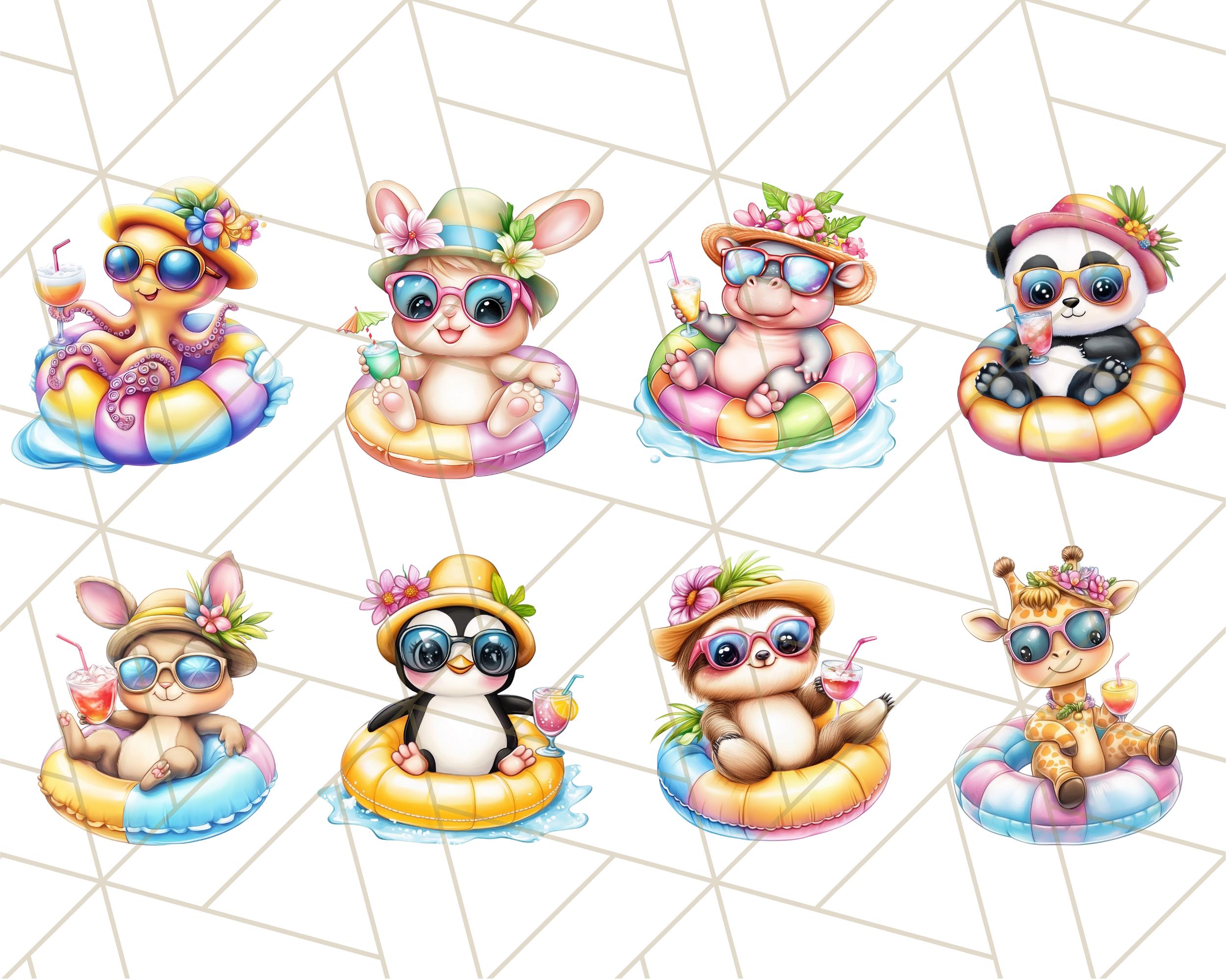 Cute Animal Pool Floaties Clipart, Summer Beach PNG, Cute Animal ...