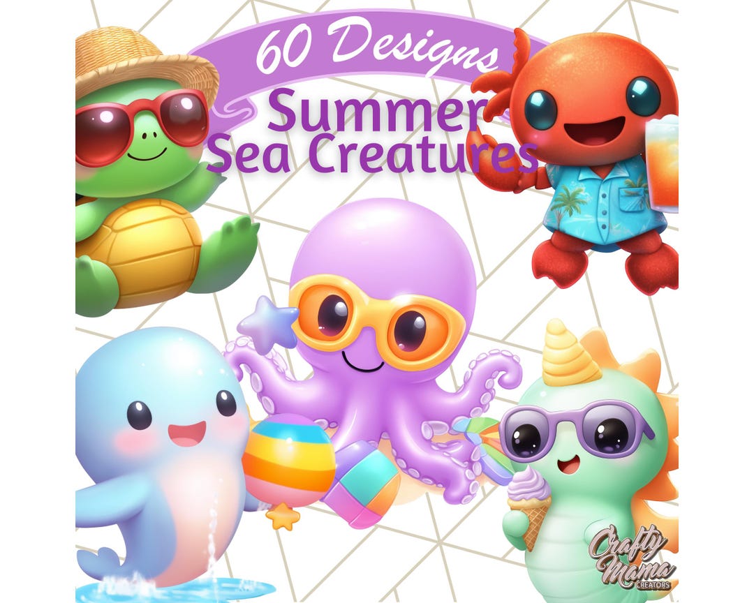 Cute Sea Creatures With Summer Accessories PNG Clipart, Ocean Animals ...