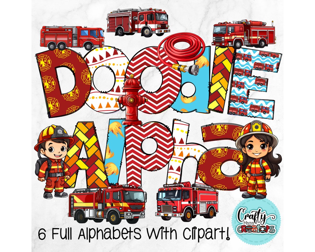 Firefighter Doodle Letters PNG Files, Fire Truck Doodle Alpha Bundle ...