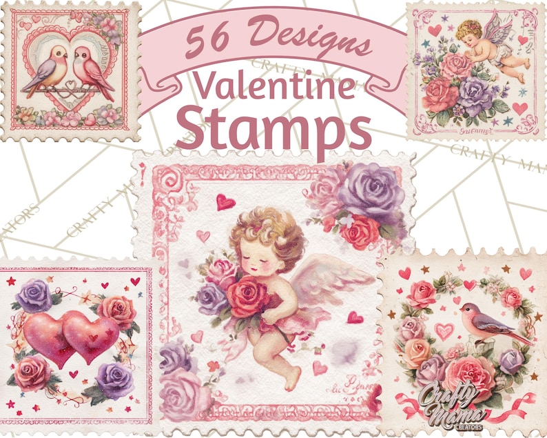 56 Png, Vintage Valentine Postage Stamps PNG, Cherubs, Hearts, Roses ...