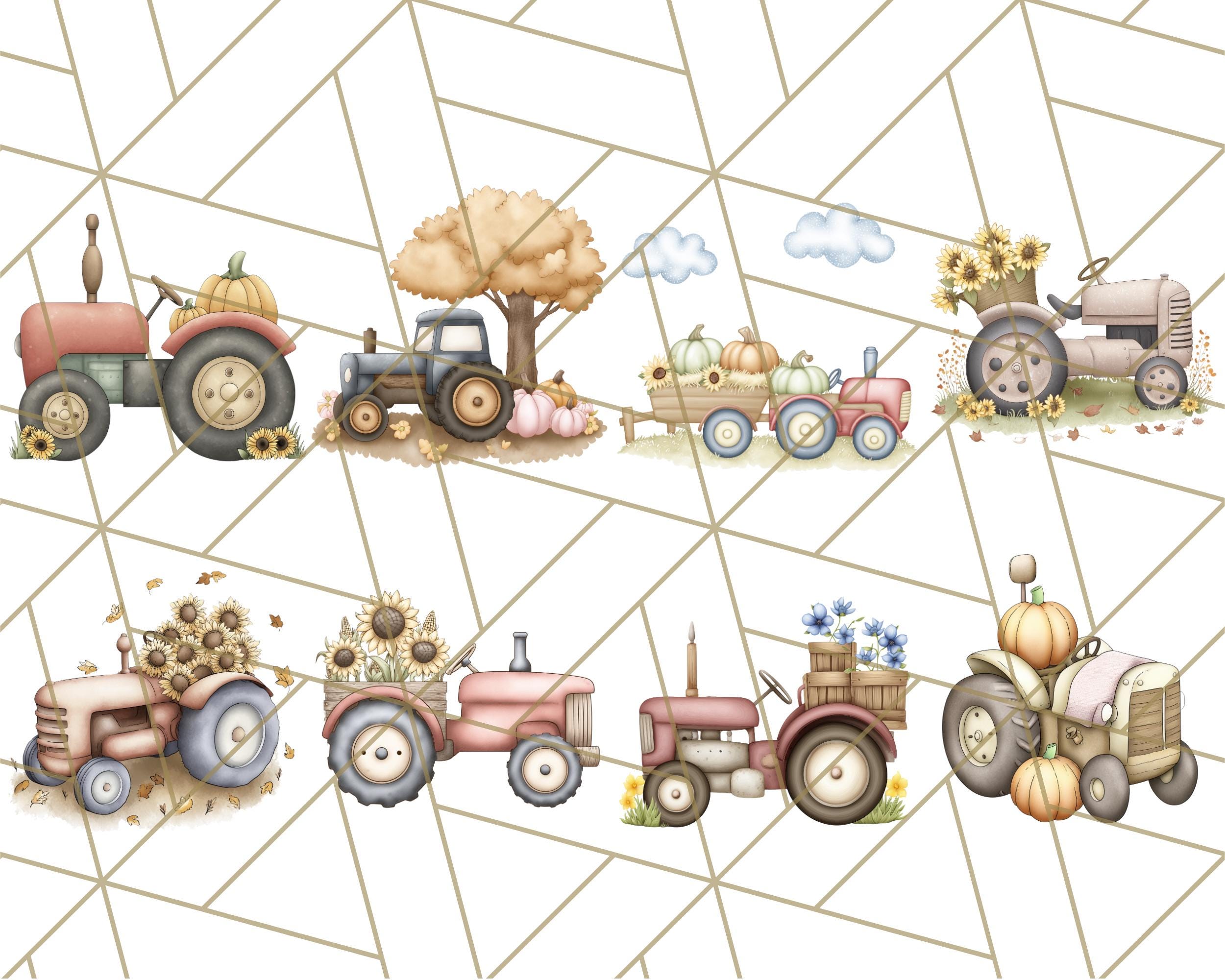 Fall Tractor Clipart PNG, Vintage Tractors With Pumpkins and Flowers ...