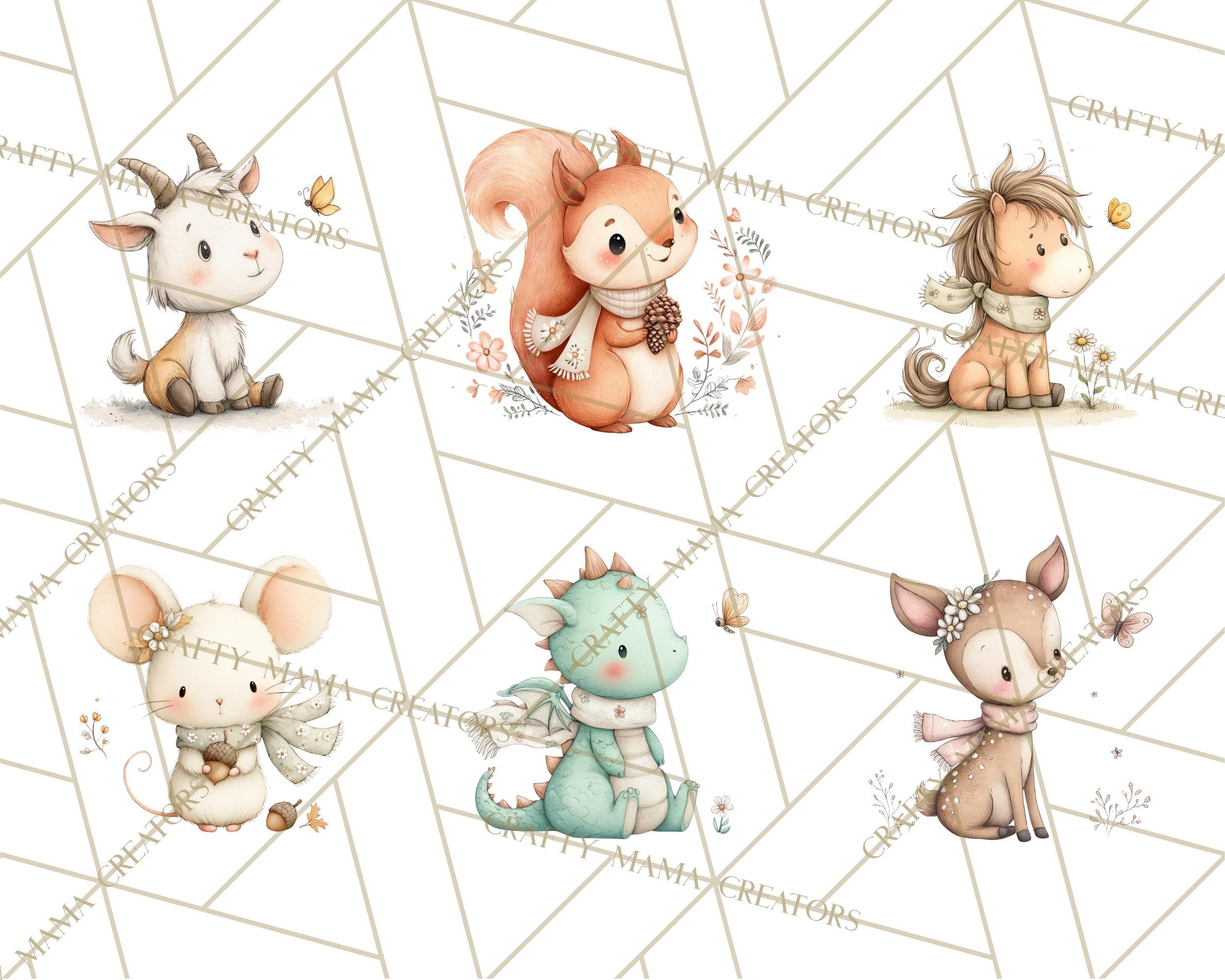 48 Png, Whimsical Watercolor Animal Clipart, Cozy Nursery Forest ...