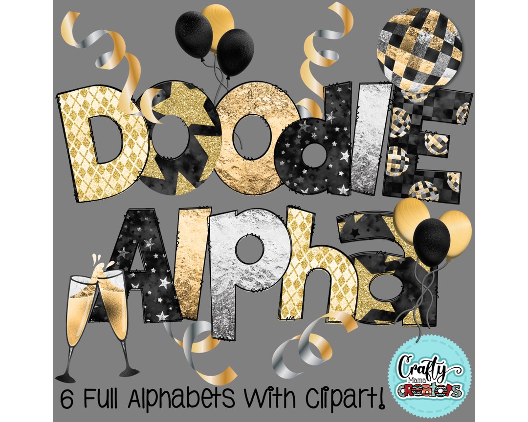 New Years Eve Doodle Letters PNG Files, Celebration Doodle Alpha Bundle ...