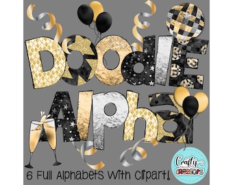 New Years Eve Doodle Letters PNG Files, Celebration Doodle Alpha Bundle ...
