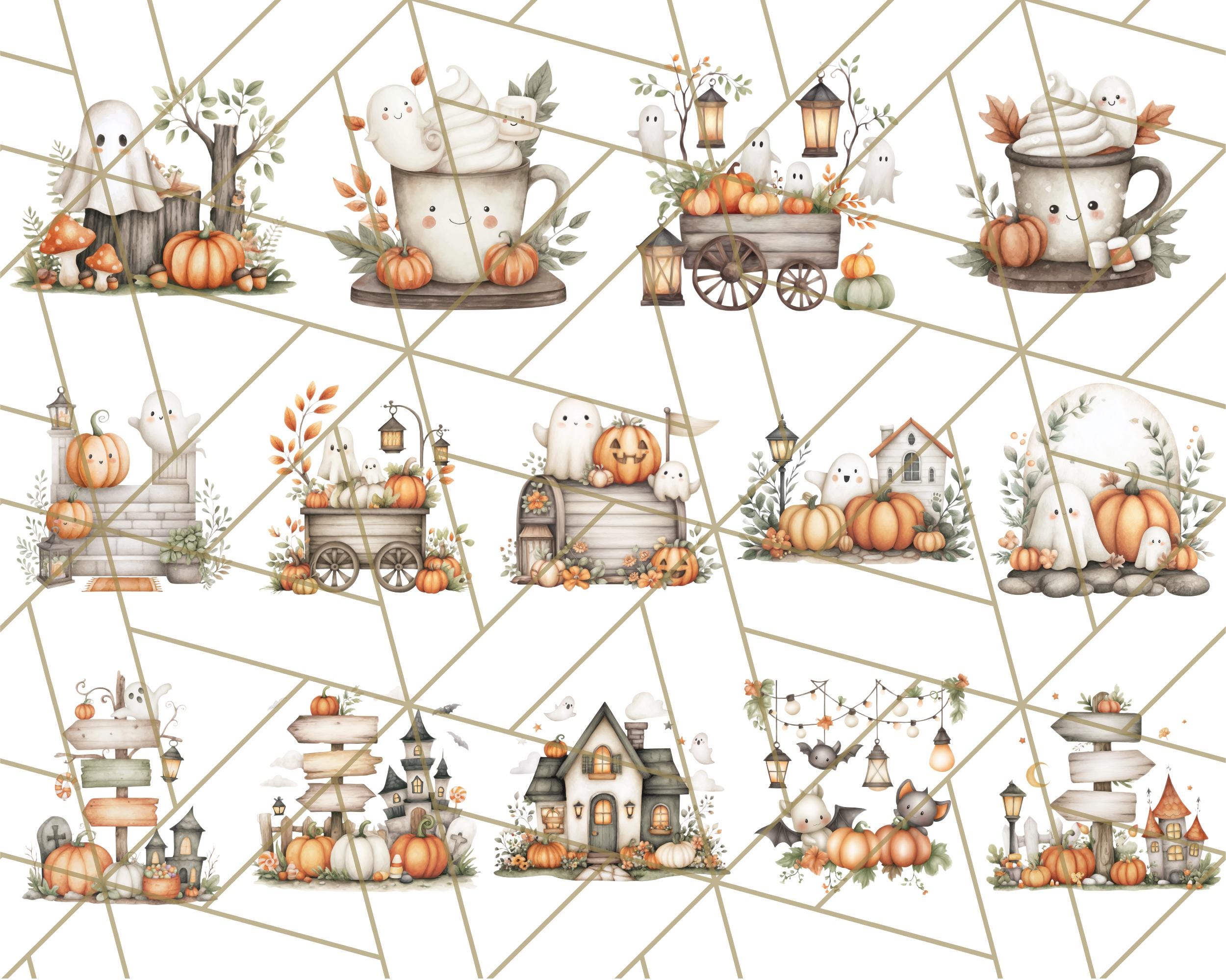 Watercolor Halloween Cottage Clipart, Cute Ghosts and Pumpkins, Cozy ...