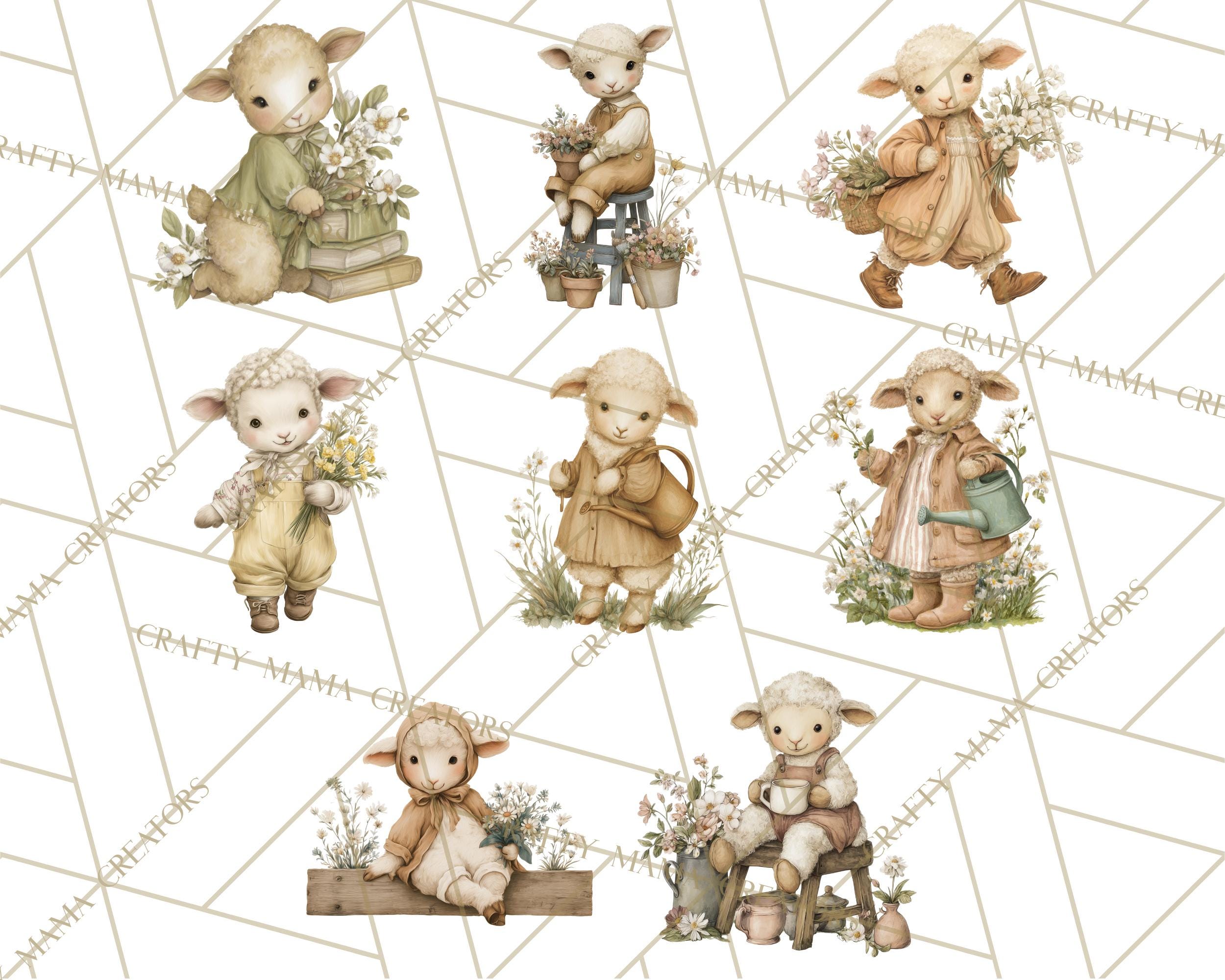 56 Png, Vintage Spring Lamb Clipart, Whimsical Lamb Gardening Clip Art ...
