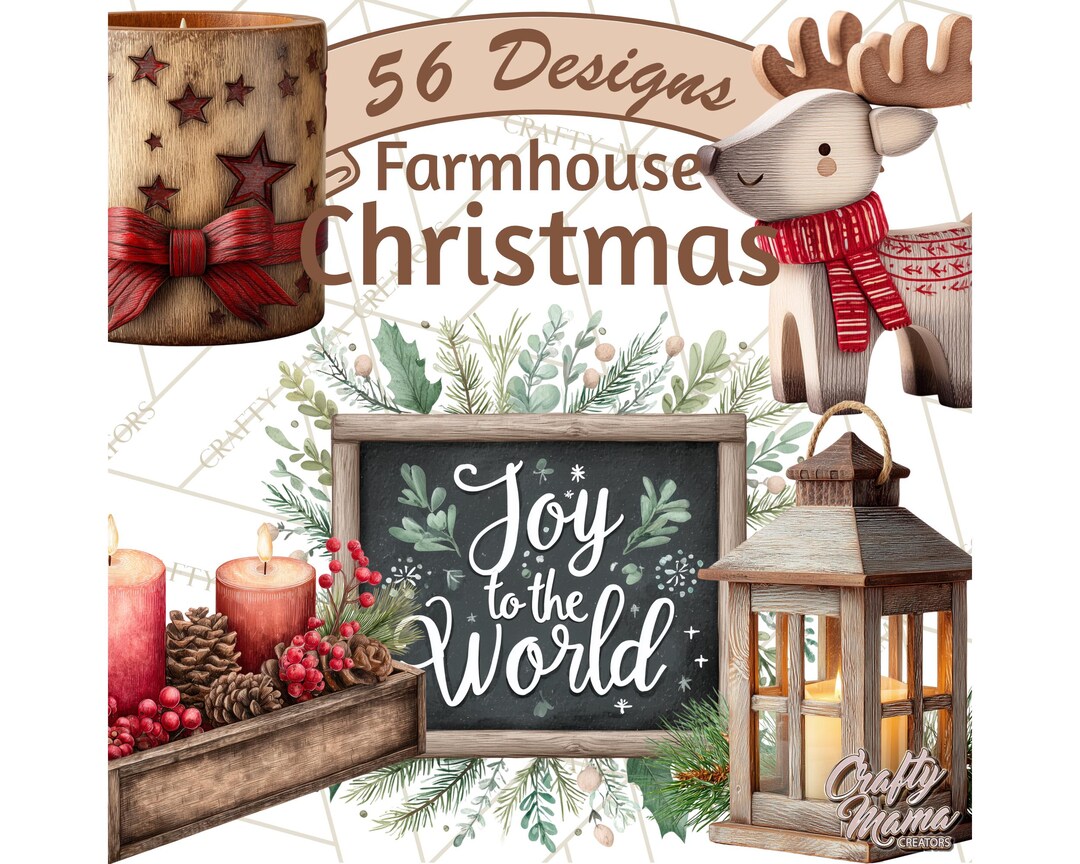 56 Png, Cozy Farmhouse Christmas Clipart PNG, Rustic Wreaths, Pinecones ...
