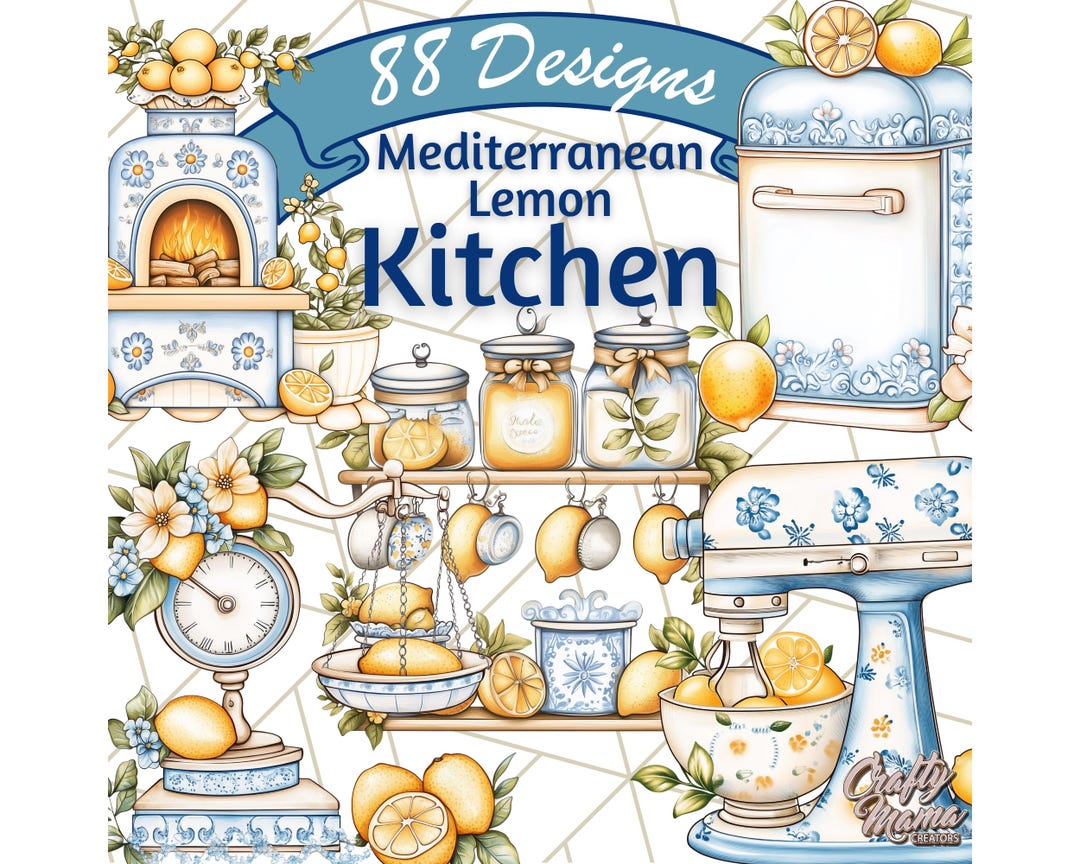 Mediterranean Cottagecore Kitchen Clipart, Blue White Lemon Kitchen ...