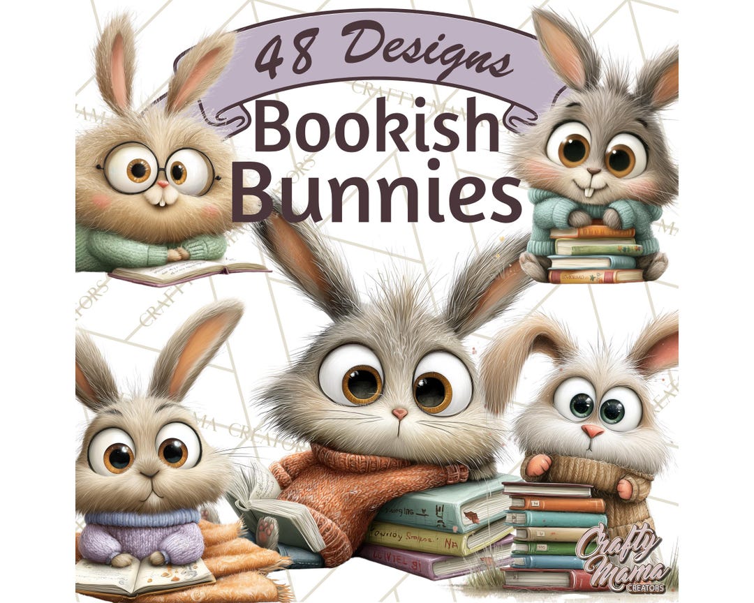 48 PNG, Bookish Bunnies PNG Clipart, Cozy Bunny Reading, Cute Cartoon ...
