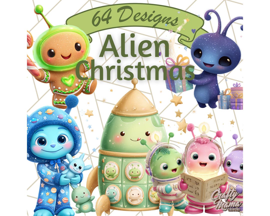 64 Png, Alien Christmas Clipart, Cute Holiday Pngs With Space Aliens ...