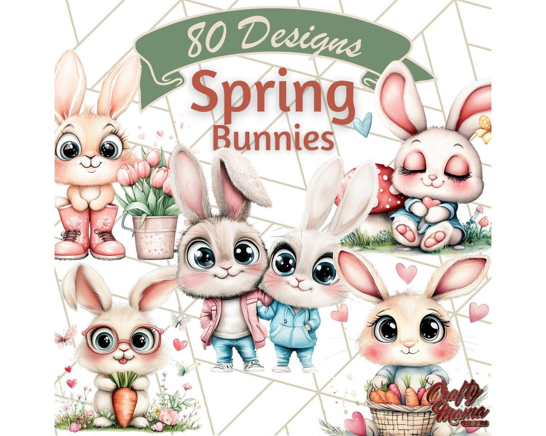 Cute Bunny Clipart Bundle, Spring Rabbit PNG, Kawaii Bunny Art, Cartoon ...