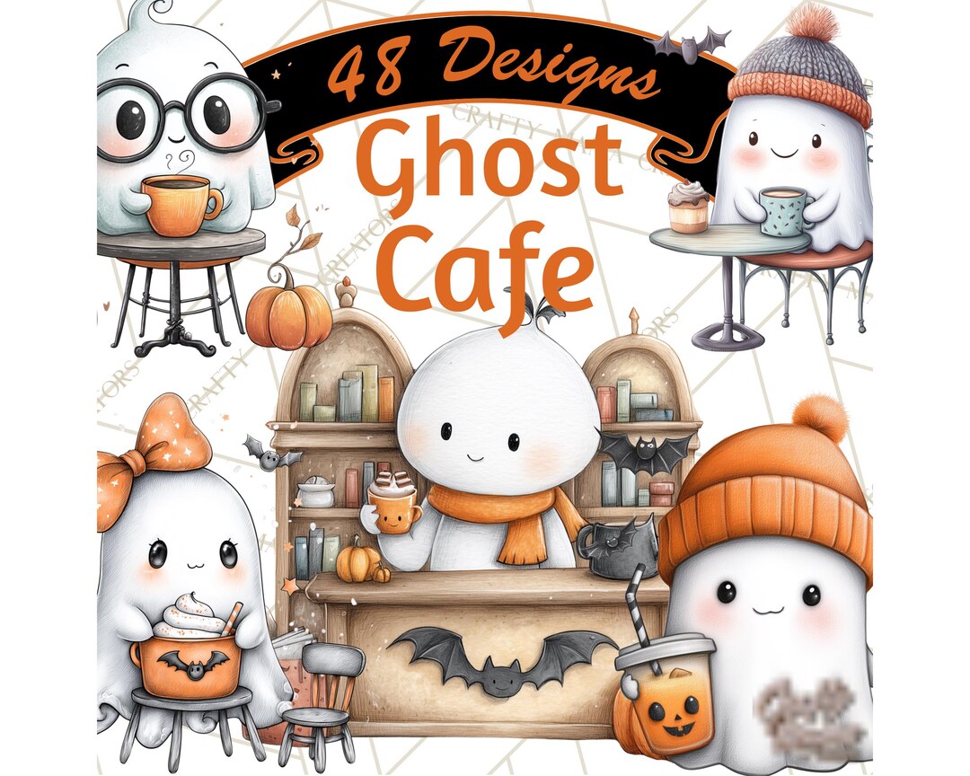 48 Png, Ghost Café Mini World Clipart PNG, Cute Halloween Coffee Ghosts ...