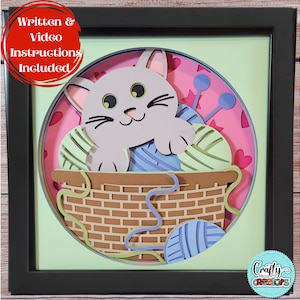 3D Cat Shadow Box Svg Kitten in A Basket of Yarn Shadowbox - Etsy