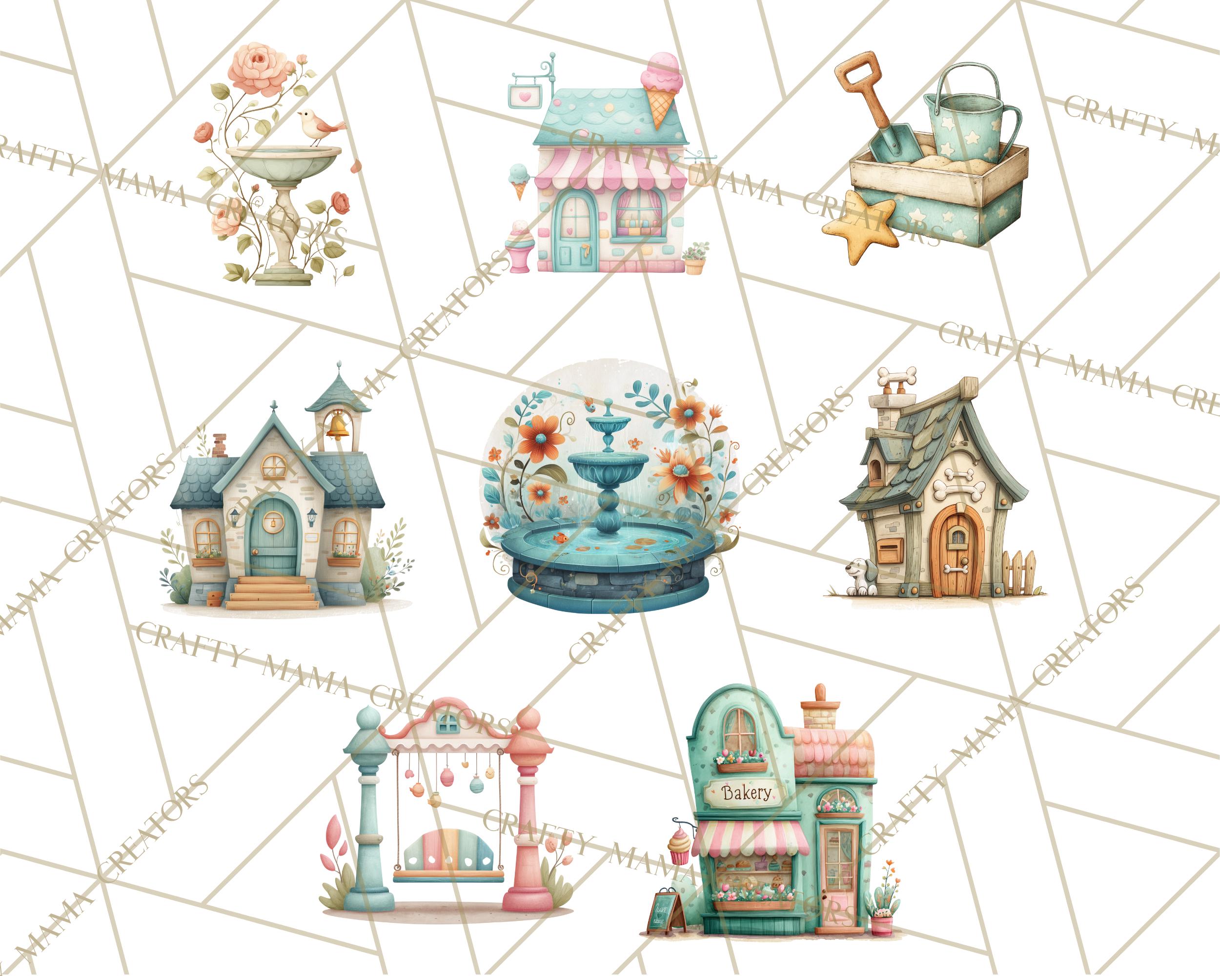52 Png, Cute Neighborhood Clipart, Whimsical Town PNG, Houses Shops ...