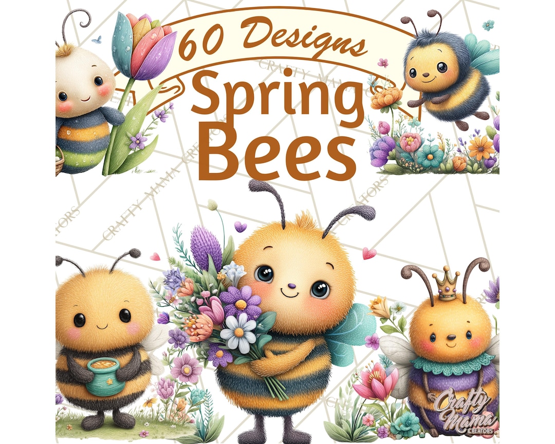 60 PNG, Spring Bee Clipart, Cute Bumblebee PNG, Watercolor Flowers Clip ...