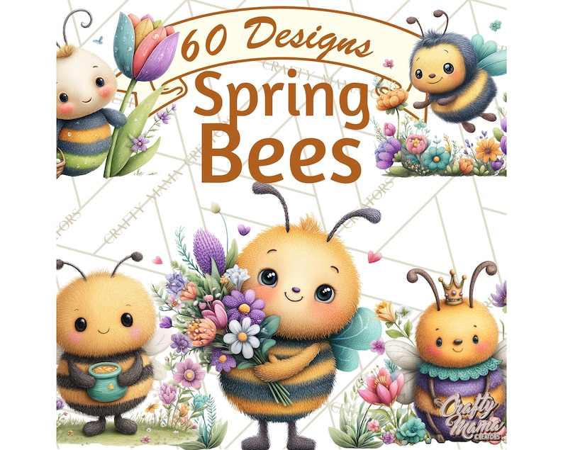 60 PNG, Spring Bee Clipart, Cute Bumblebee PNG, Watercolor Flowers Clip ...
