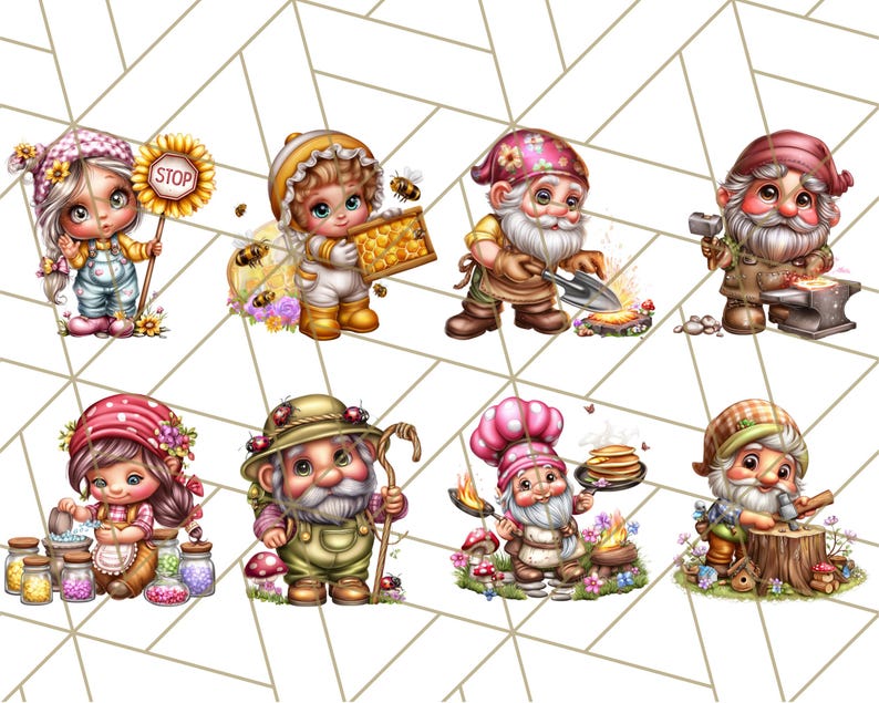 52 Gnomes at Work Clipart Pngs, Cute Garden Gnome Characters, Hobby and ...