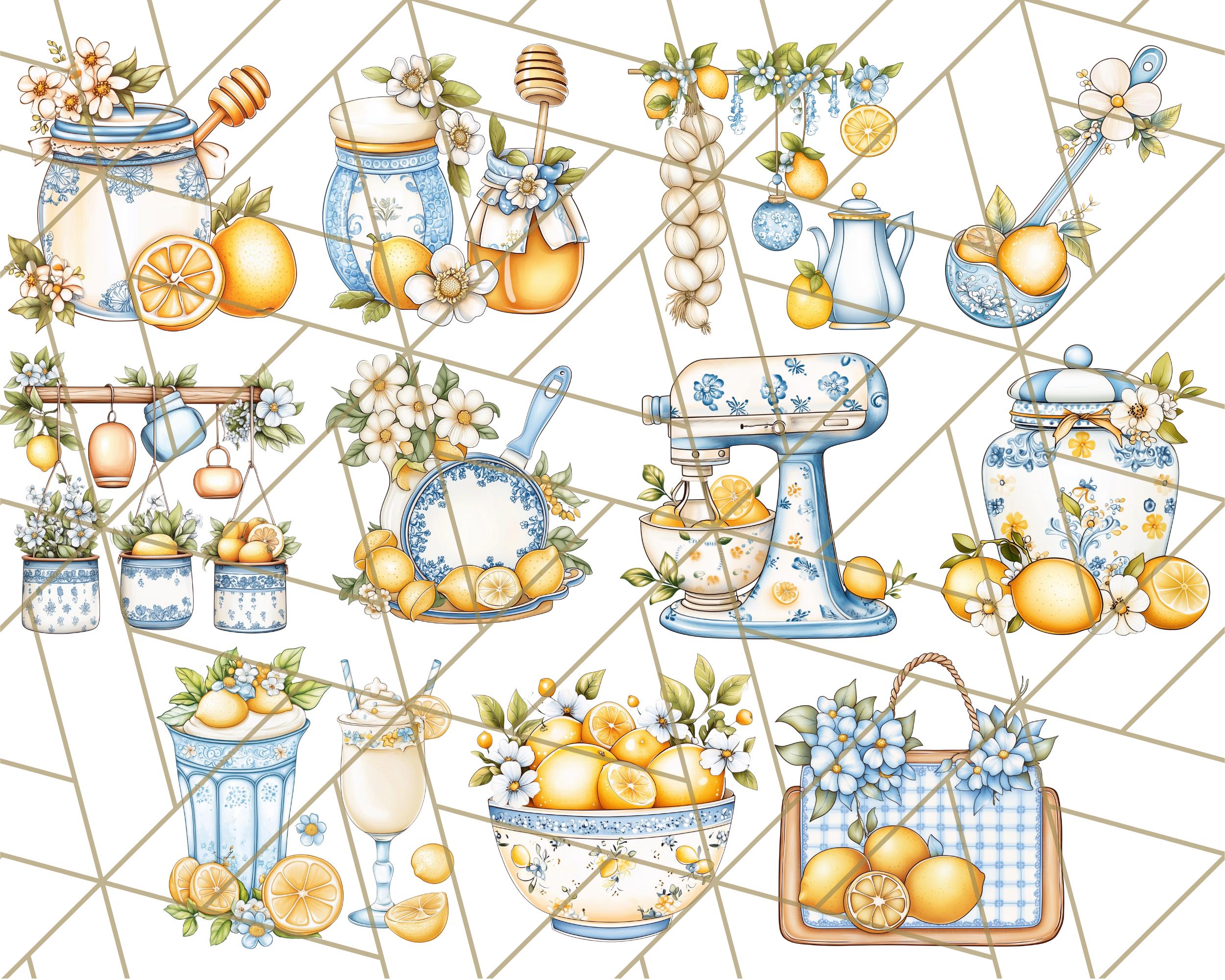 Mediterranean Cottagecore Kitchen Clipart, Blue White Lemon Kitchen ...