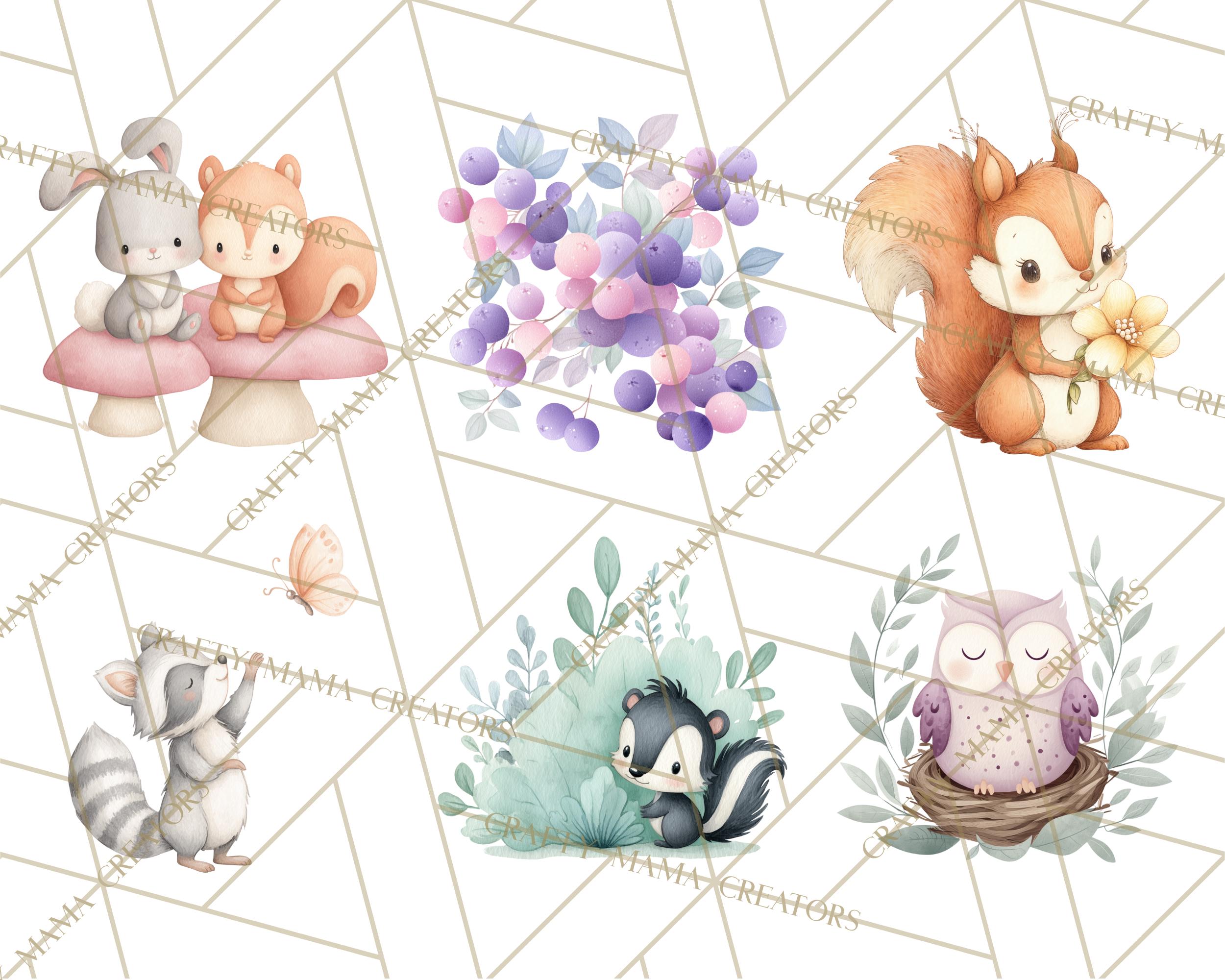 48 Png, Woodland Nursery Clipart, Pastel Forest Animals and Elements ...