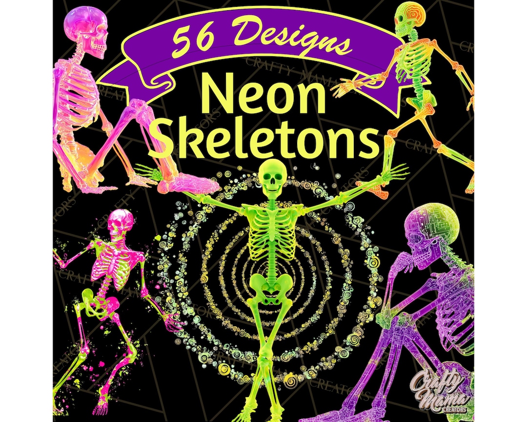 56 Png, Neon Skeleton Clipart PNG, Patterned Skull Clip Art, Vibrant ...