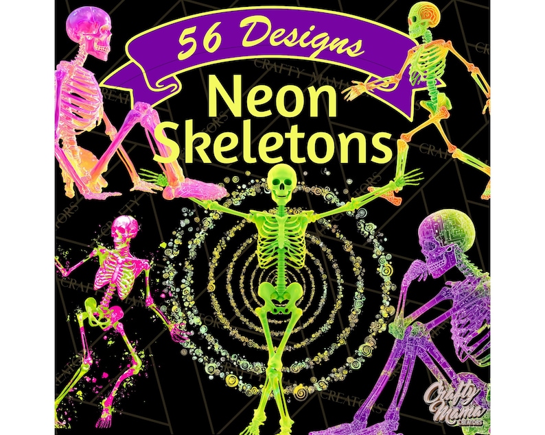 56 Png, Neon Skeleton Clipart PNG, Patterned Skull Clip Art, Vibrant ...