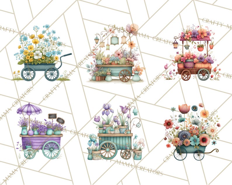 48 Png, Whimsical Flower Carts PNG, Floral Market Clipart, Spring ...
