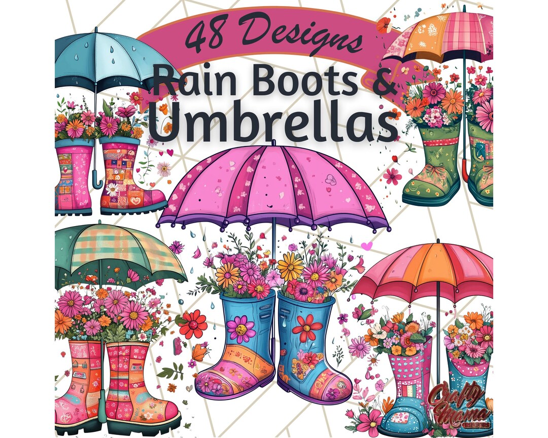 Rain Boot Flower Clipart PNG, Colorful Umbrella Floral Art, Spring ...