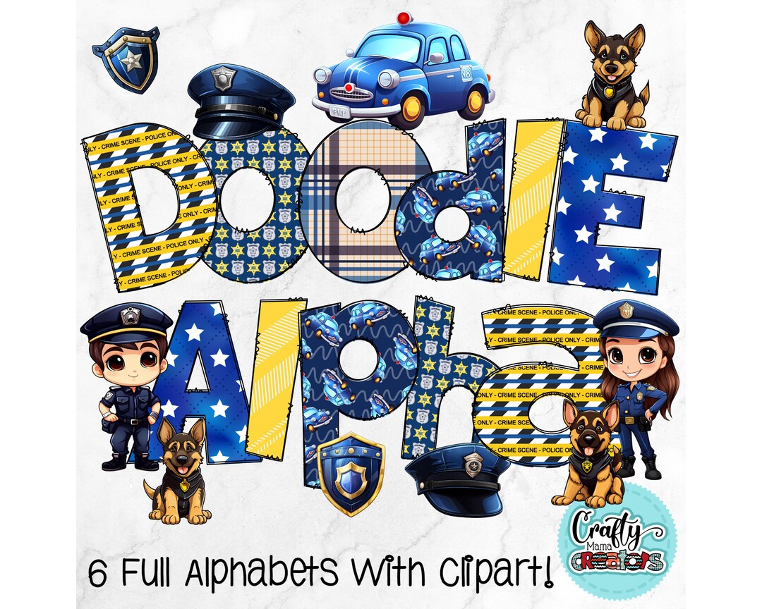 Police Doodle Letters PNG Files, Police Officer Doodle Alpha Bundle ...