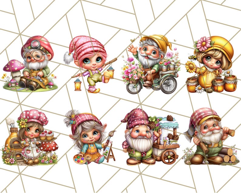 52 Gnomes at Work Clipart Pngs, Cute Garden Gnome Characters, Hobby and ...