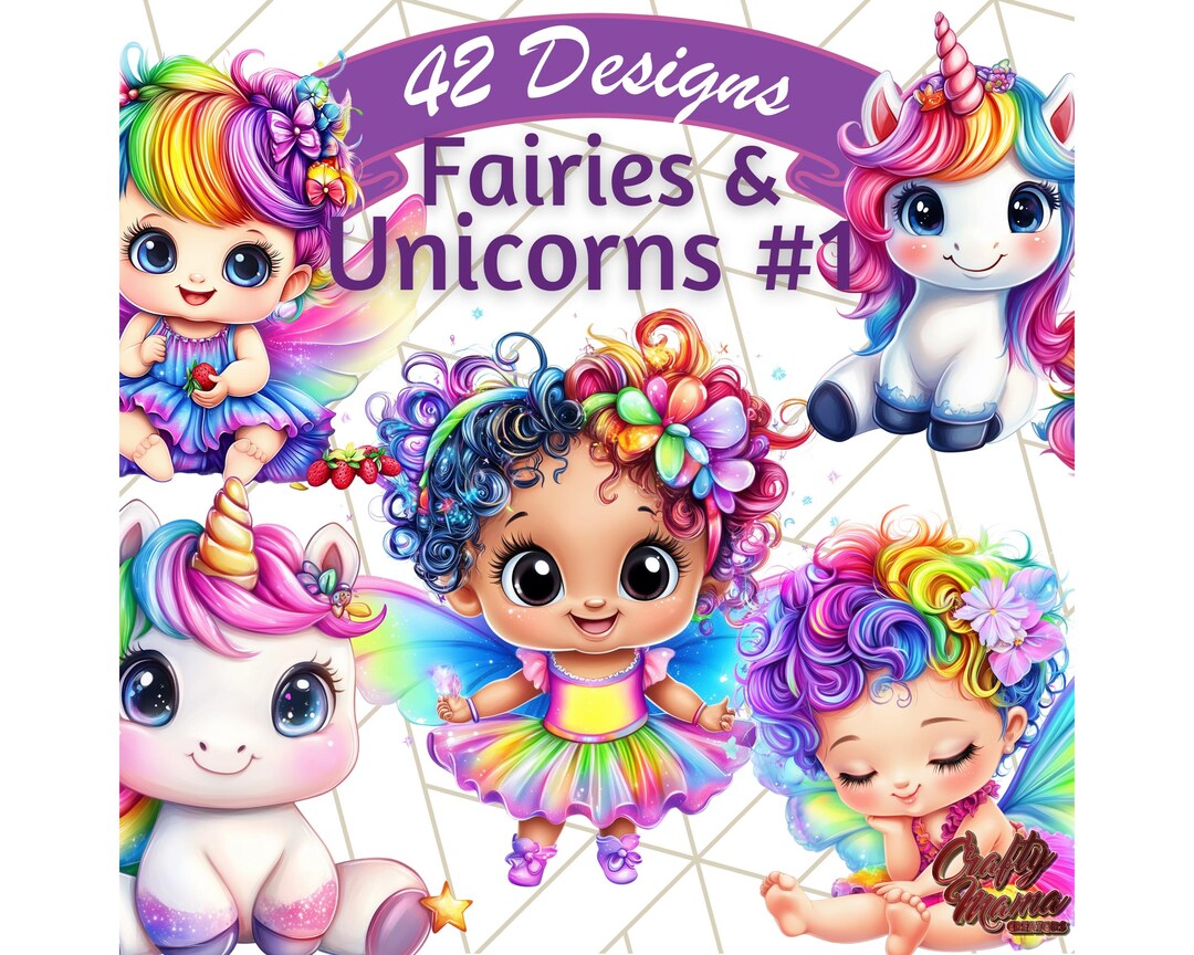 Rainbow Unicorn and Fairy Clipart, Baby Fairies PNG, Cute Fantasy ...