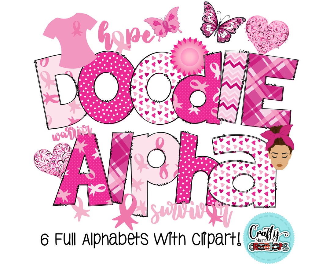 Breast Cancer Awareness Doodle Letters PNG Files, Pink Doodle Alpha ...