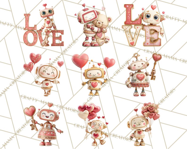 76 Png, Valentine Robot Png, Cute Love Bots Clipart, Soft Gold and Red ...
