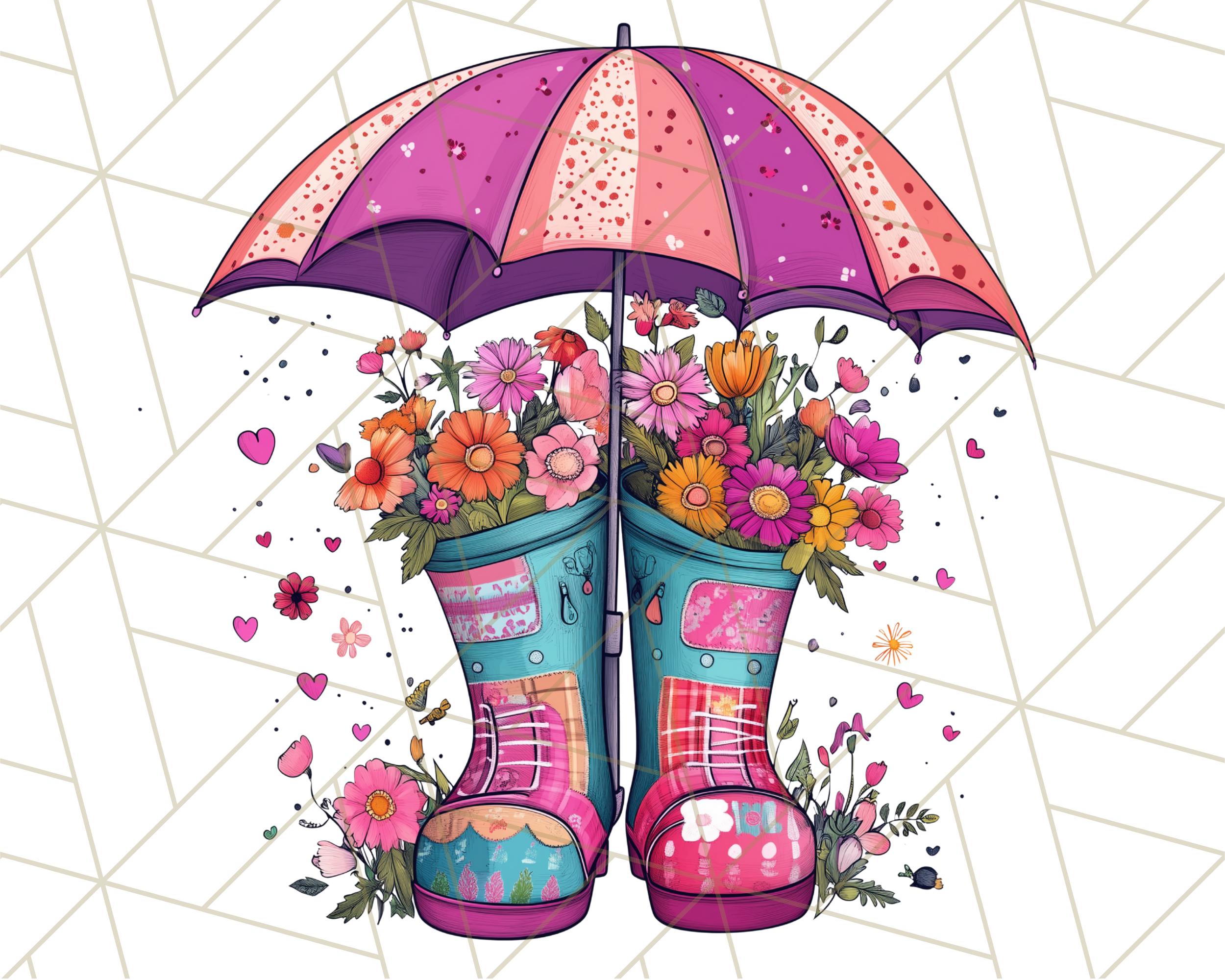 Rain Boot Flower Clipart PNG, Colorful Umbrella Floral Art, Spring ...