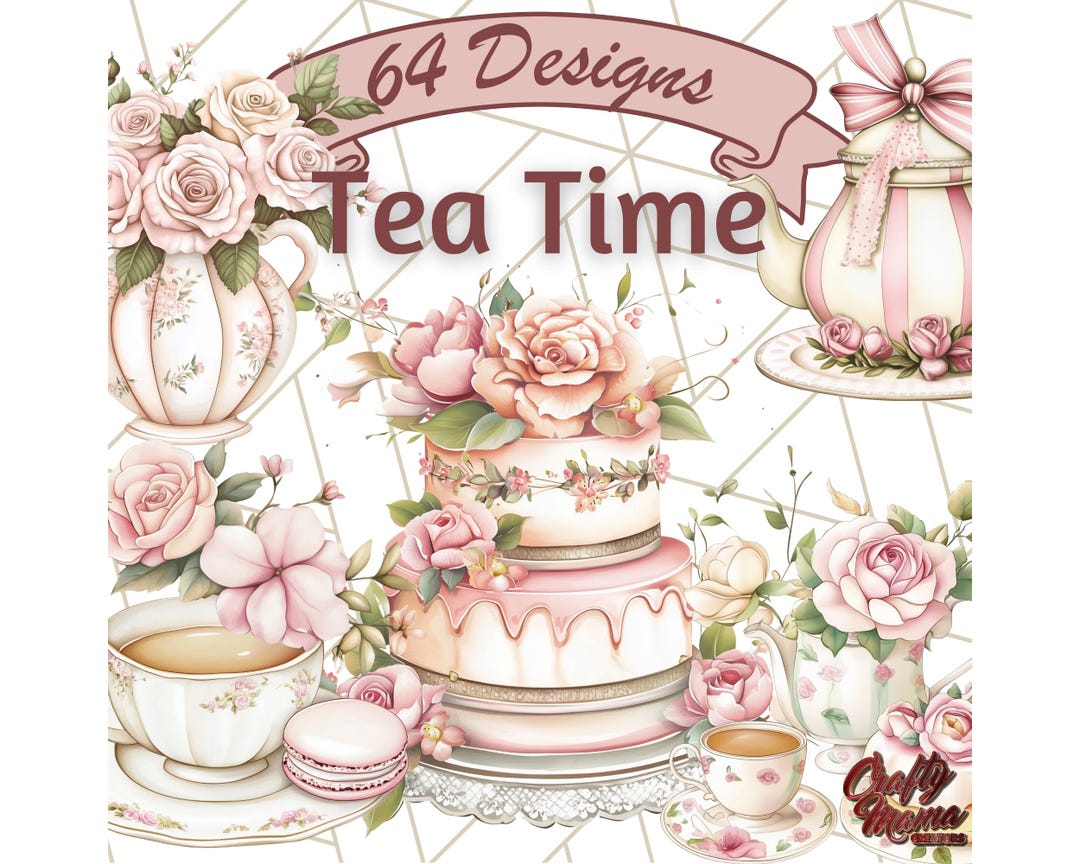 Tea Set Clip Art PNG With Teacups, Teapots, Sweets, Floral Accents and ...