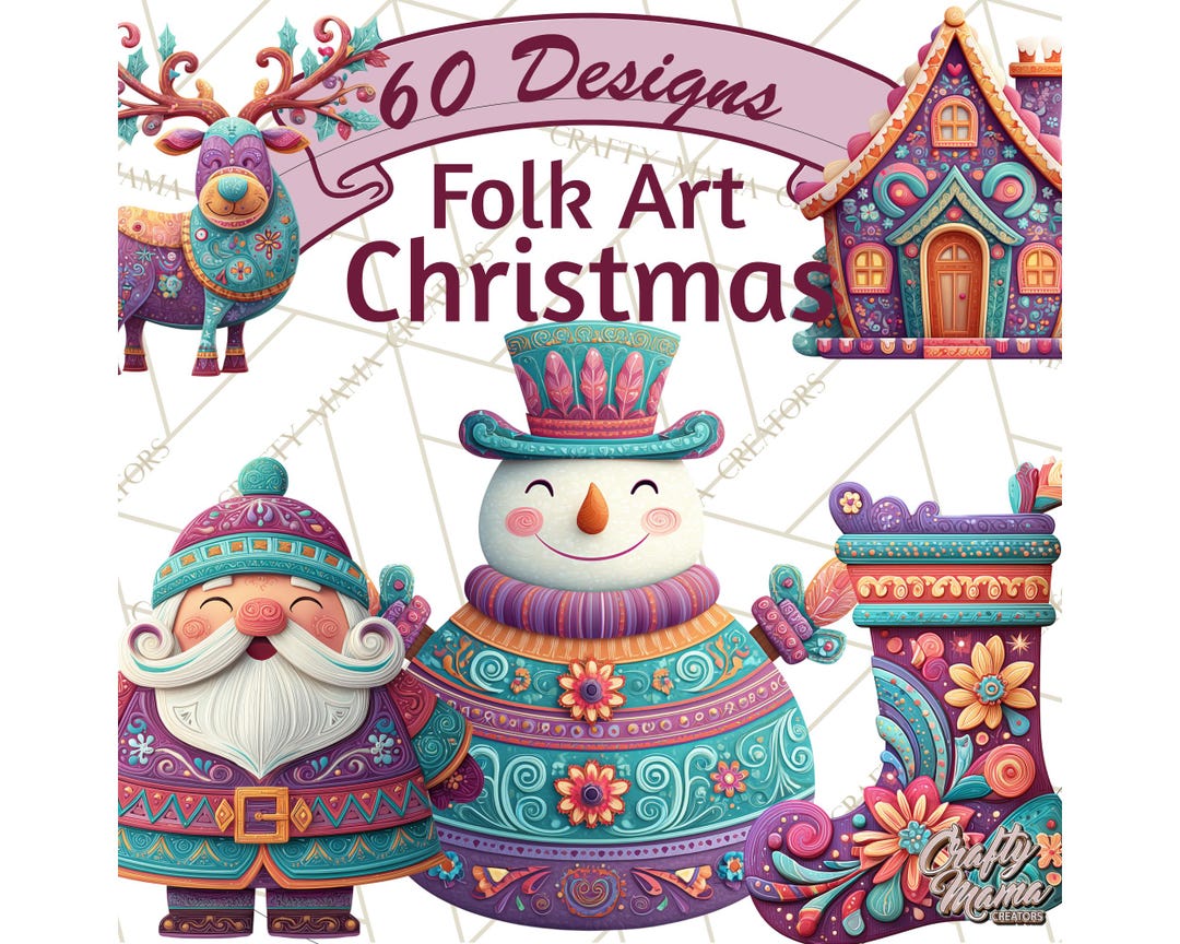 60 Png, Vibrant Yuletide Friends Clipart PNG, Folk Art Christmas ...