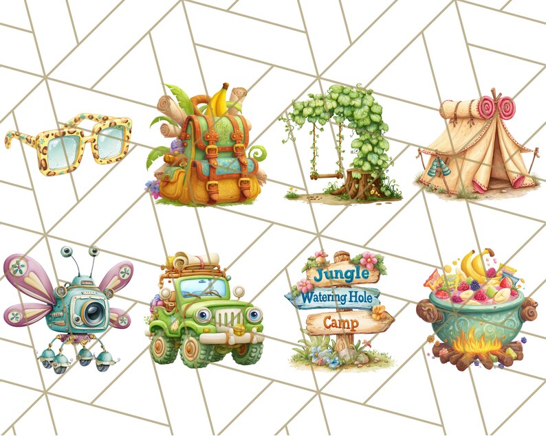 Safari Animals Clipart, Cute Jungle Animal Characters, Safari Jeep Tent ...