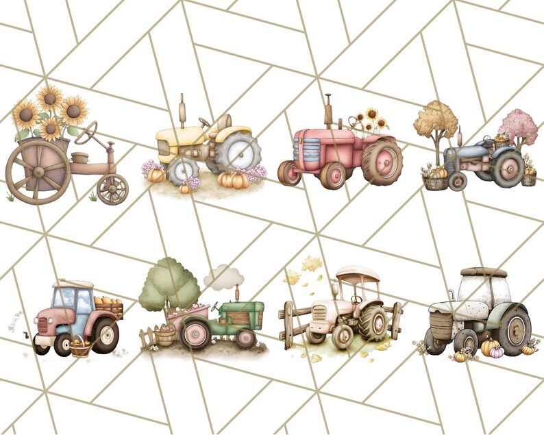 Fall Tractor Clipart PNG, Vintage Tractors With Pumpkins and Flowers ...
