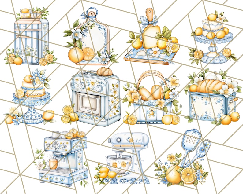 Mediterranean Cottagecore Kitchen Clipart, Blue White Lemon Kitchen ...