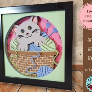 3D Cat Shadow Box Svg Kitten in A Basket of Yarn Shadowbox - Etsy