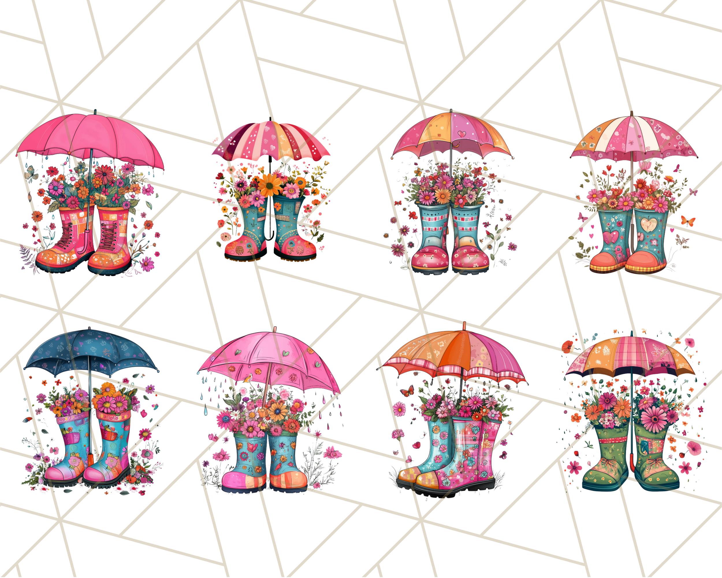 Rain Boot Flower Clipart PNG, Colorful Umbrella Floral Art, Spring ...