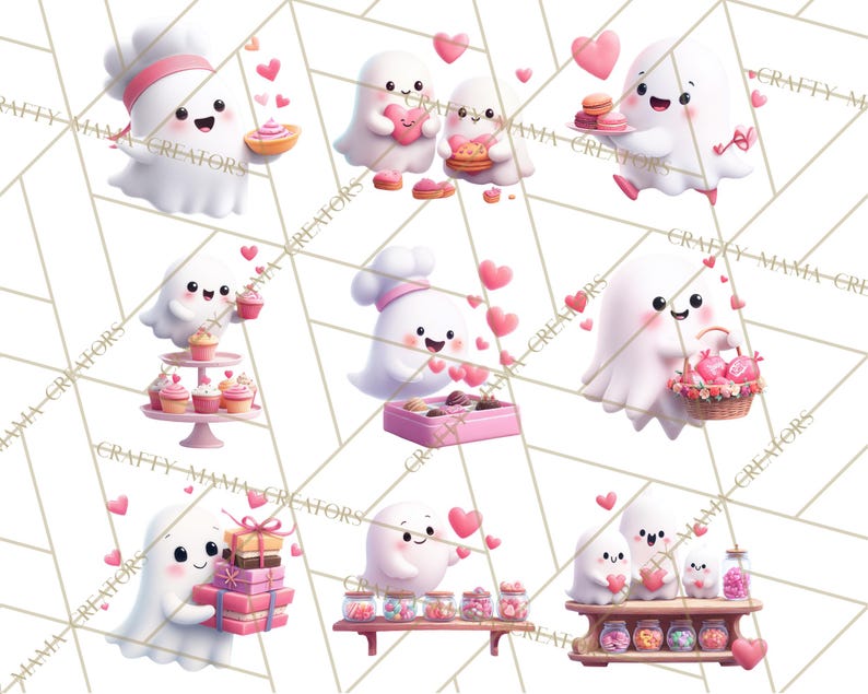 64 Png Valentine Ghosts, Cute Ghost Bakery Clipart, Heart-shaped Treats ...