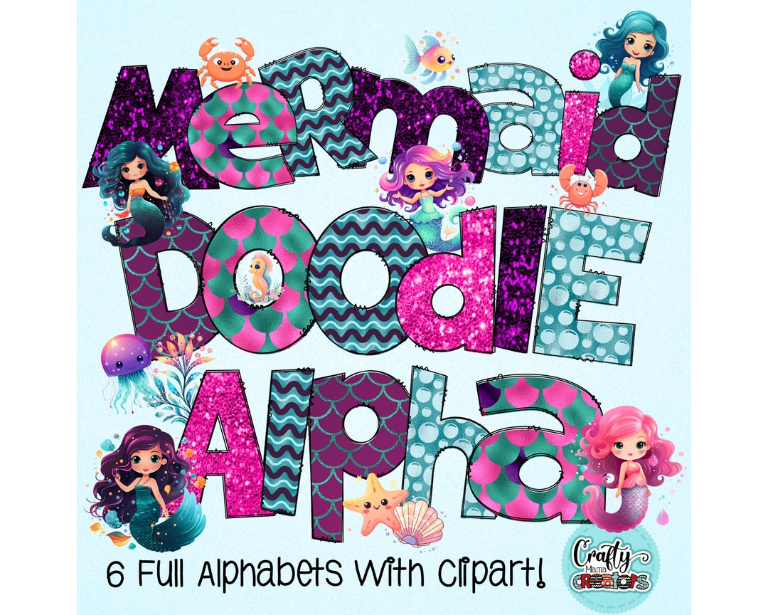 Mermaid Doodle Letters PNG Files, Sea Creature Doodle Alpha Bundle With ...