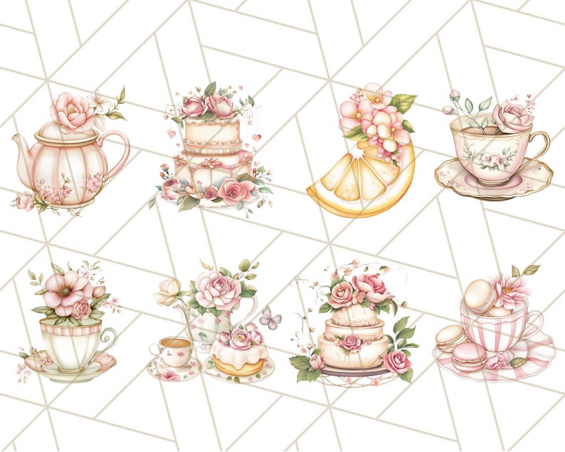 Tea Set Clip Art PNG With Teacups, Teapots, Sweets, Floral Accents and ...