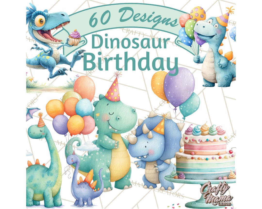 60 Png, Dinosaur Birthday Clipart PNG, Watercolor Dino Birthday Party ...